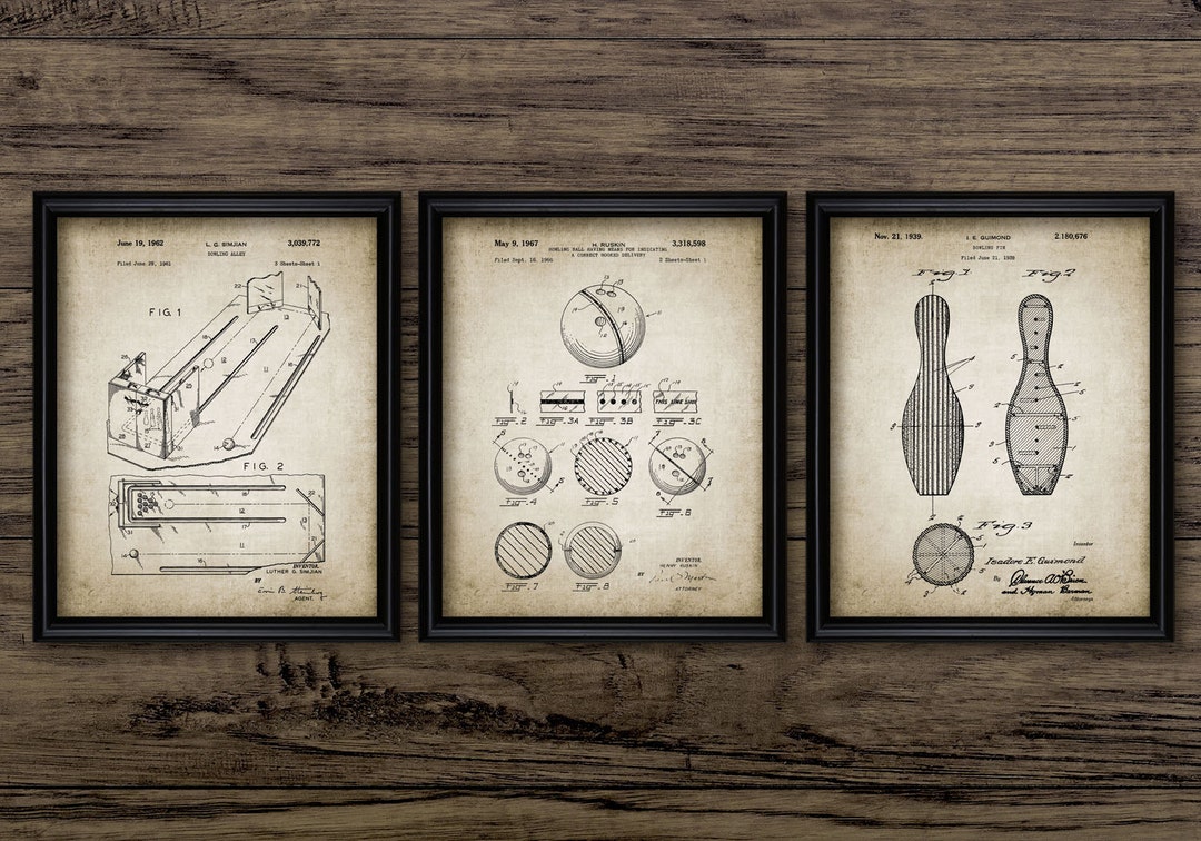 Vintage Ten Pin Bowling Wall Art Set of 3, Printable Bowling Design ...