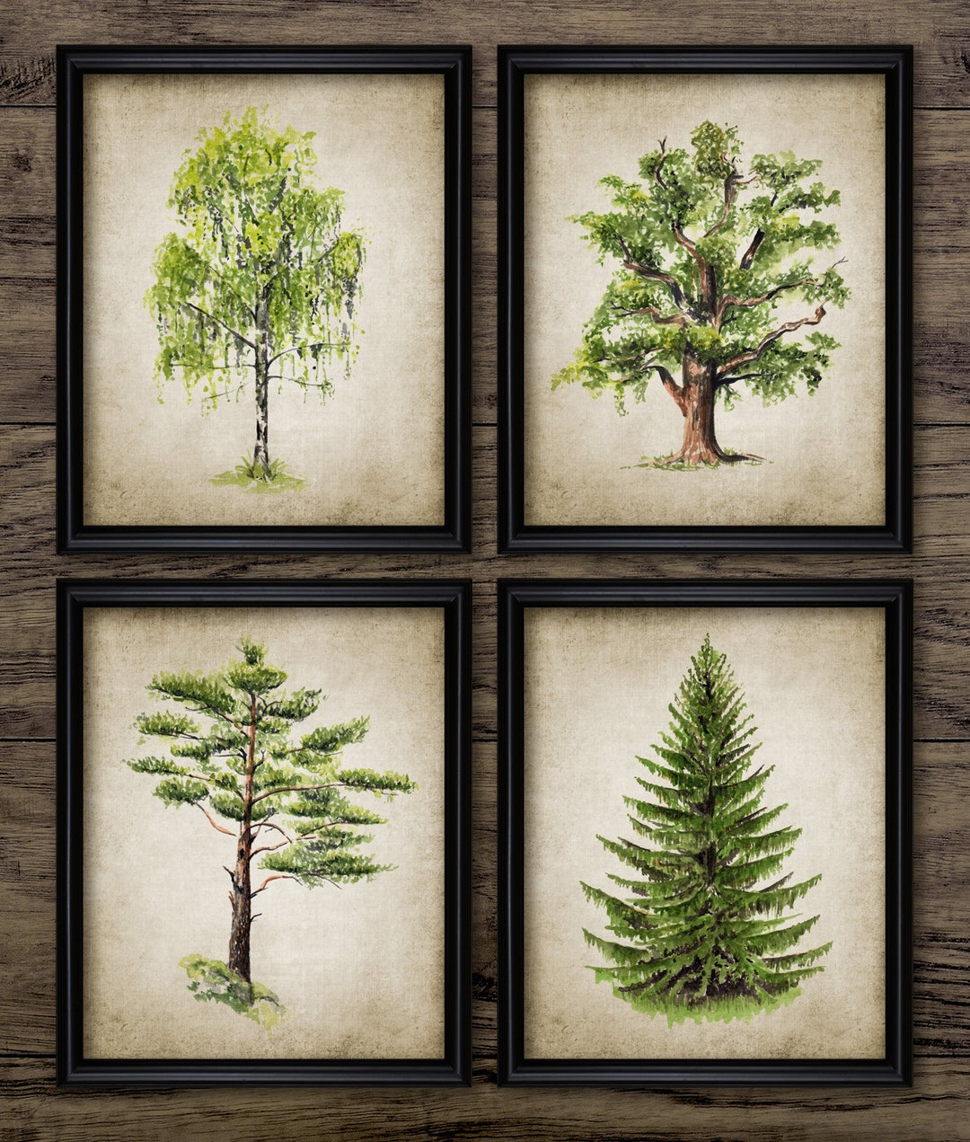 Tree Watercolor Painting Set of 4, Printable Tree, Tree Living Room ...