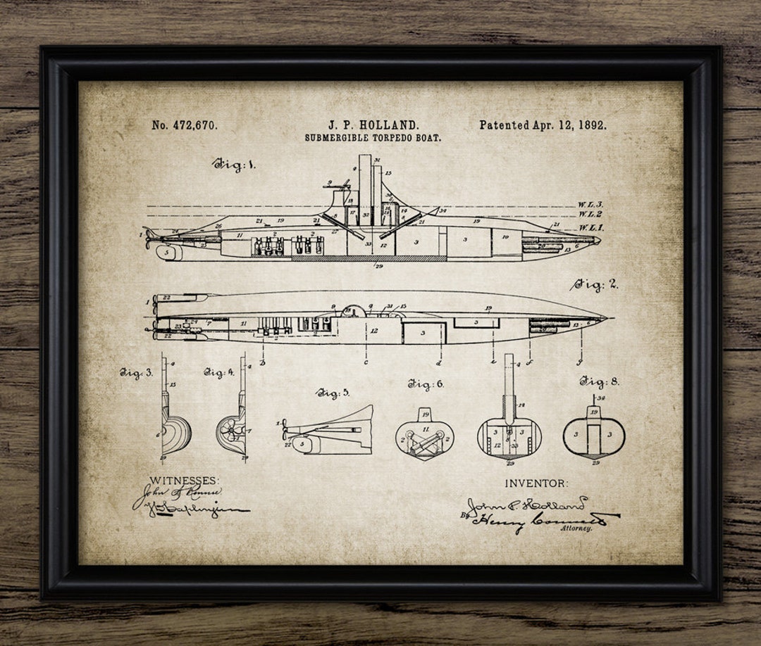 Submarine Wall Art, Printable 1892 Holland Submarine Design ...
