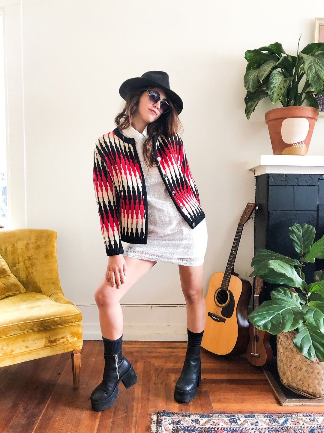Vintage 70s Knit Tri-color Cardigan Sweater / Retro 70s Button up ...