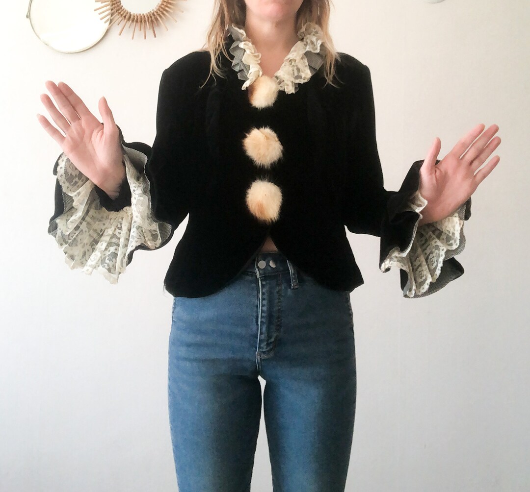 Vintage 1900s Victorian Black Velvet Jacket With Bonnet and Lace ...