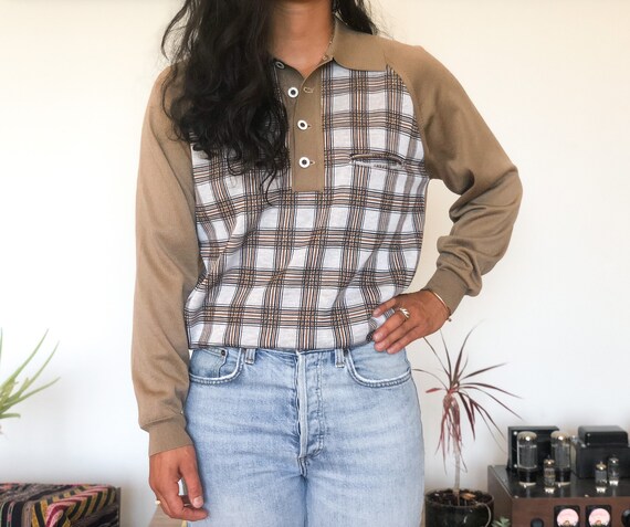 Vintage 60s Checkered Polo Long Sleeve Collared Pullo… - Gem