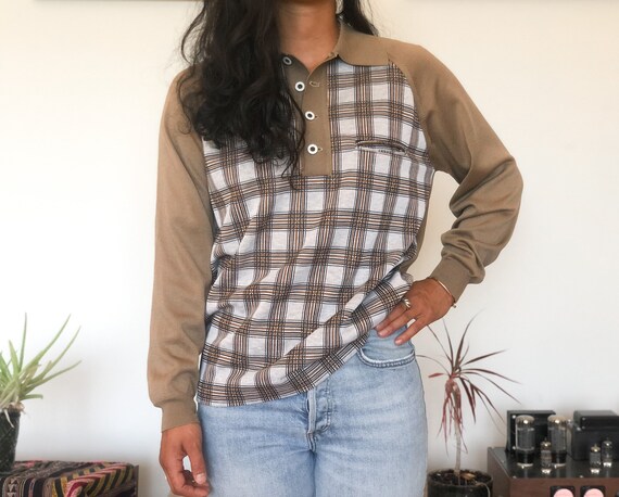 Vintage 60s Checkered Polo Long Sleeve Collared Pullo… - Gem