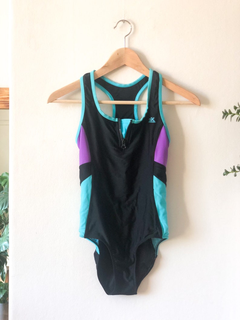 Vintage 90s Black One Piece Sporty Swimsuit S 80s Neon Etsy