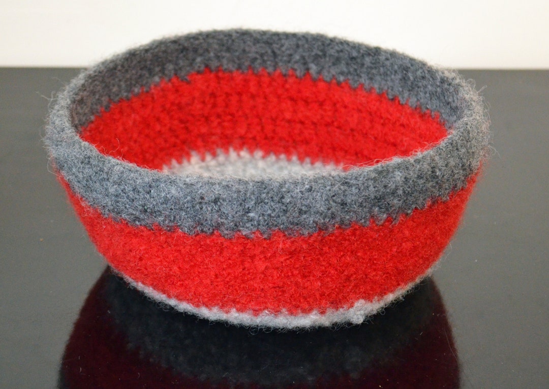 Handmade Red and Gray Large Wool Felted Bowl Hand Crocheted Knitted ...