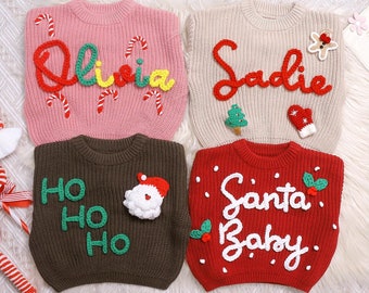 Santa Baby Sweater // Hand Embroidered Sweater // Christmas Chunky Knit ...