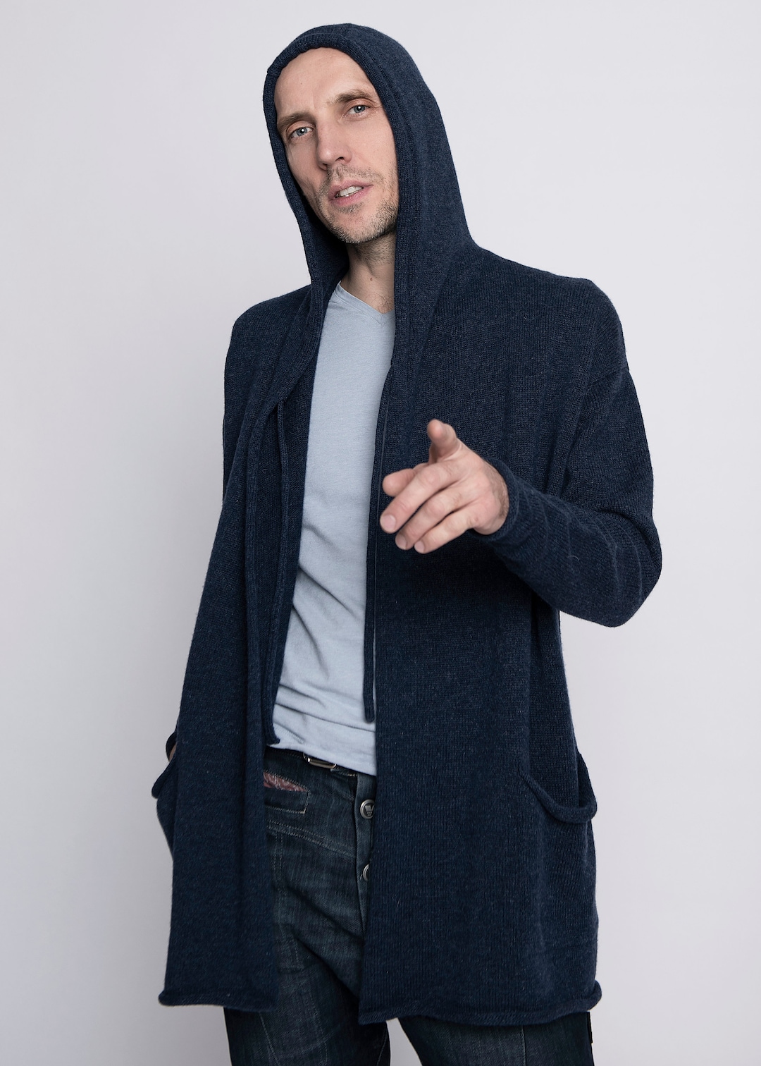 Long Hooded Cardigan for Men, Cashmere Cardigan With Pockets, Merino ...