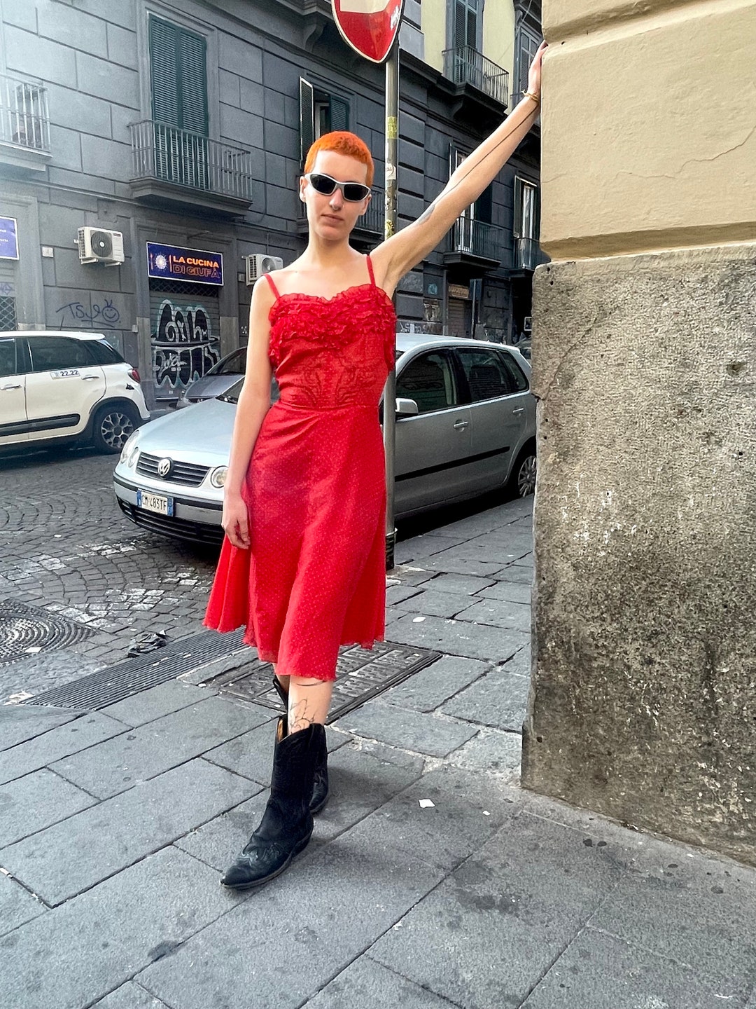 Vintage 70er Jahre schiere Polka Dot rotes Kleid - Etsy.de