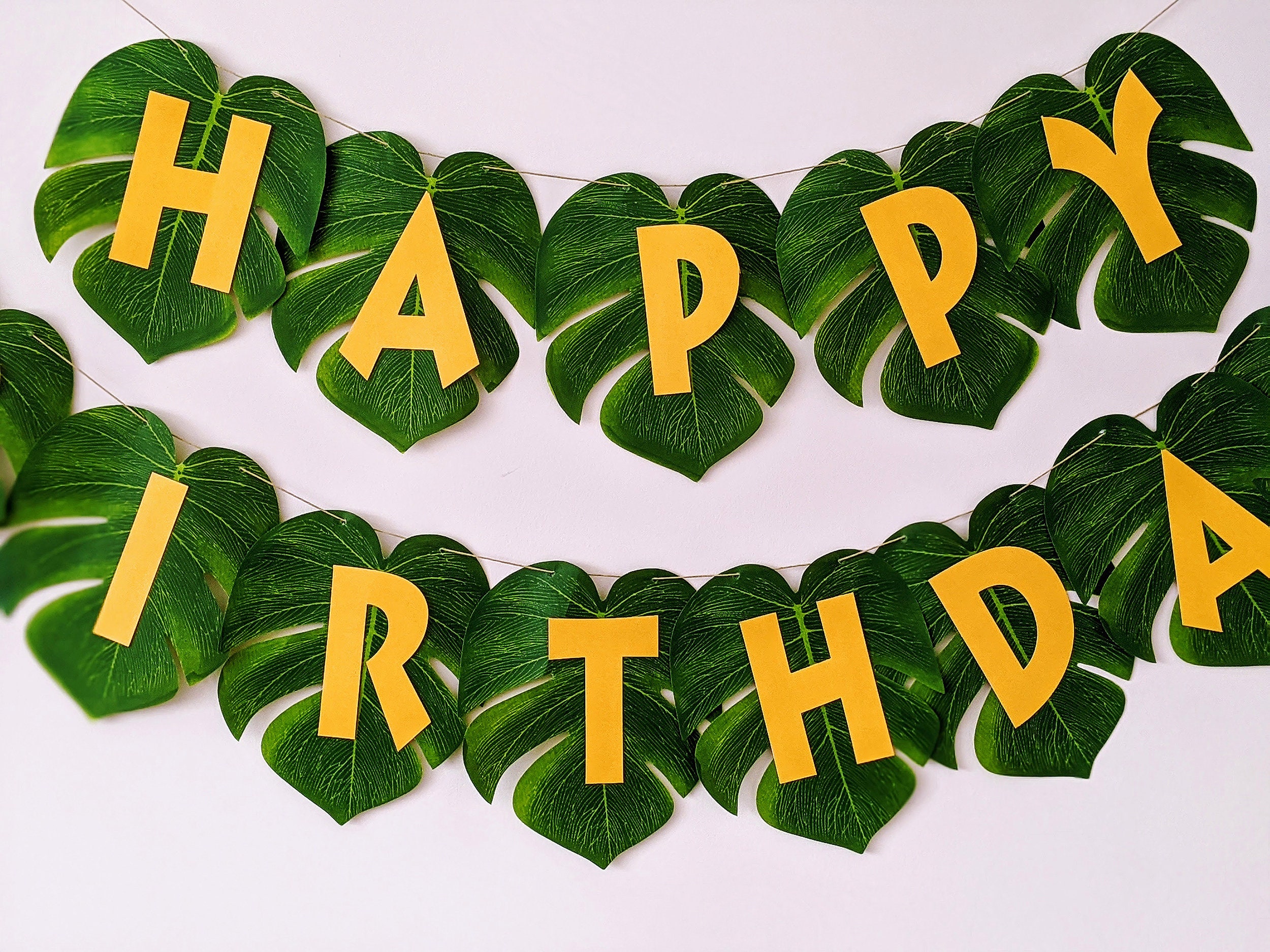 Tropical Birthday, Green Monstera Leaf Banner, Jungle, Safari, Wild One ...