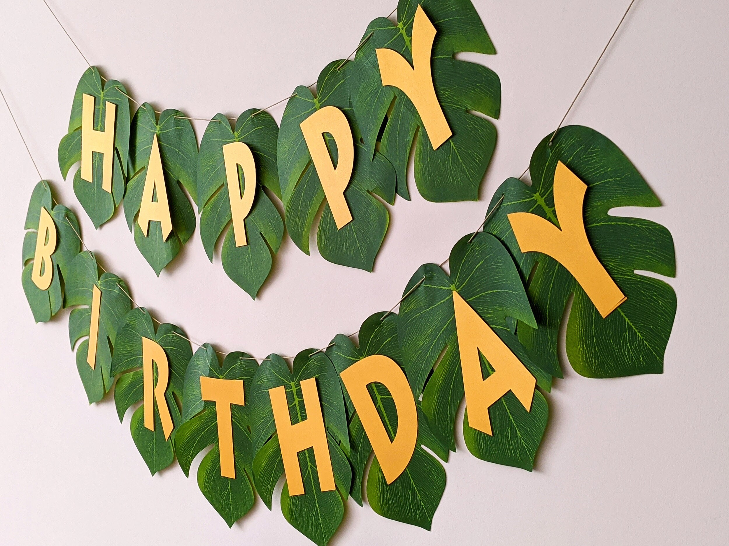 Tropical birthday Green monstera leaf banner Jungle Safari | Etsy