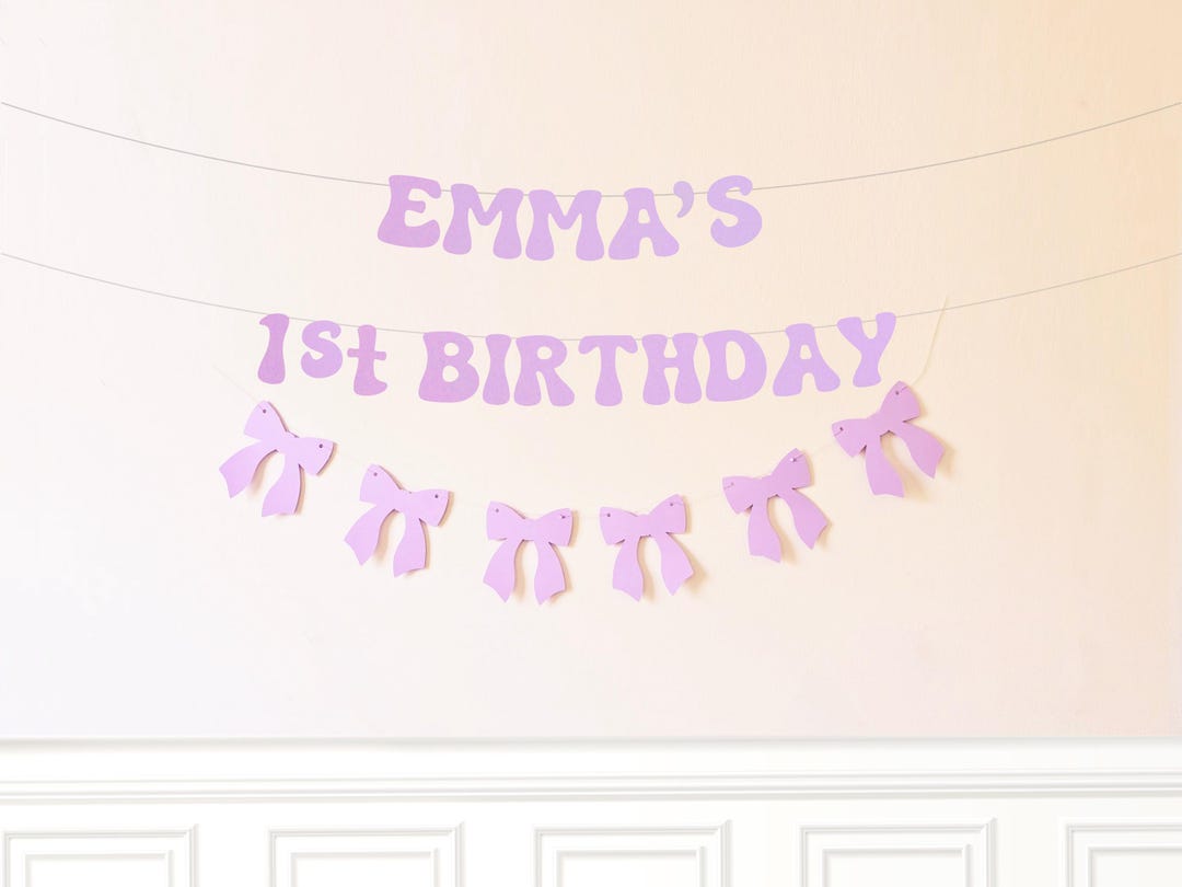 Personalised 1st Birthday Banner With Lilac Bow Garland for Girls ...
