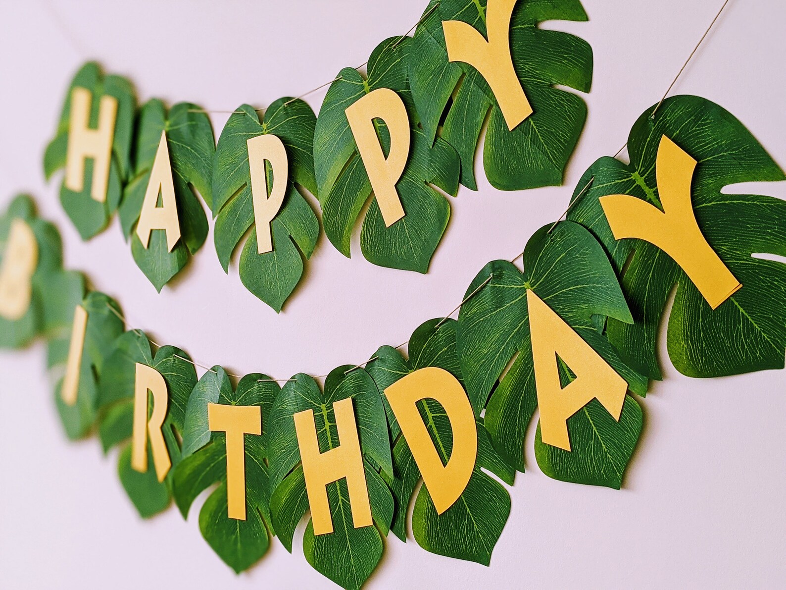 Tropical Birthday, Green Monstera Leaf Banner, Jungle, Safari, Wild One ...