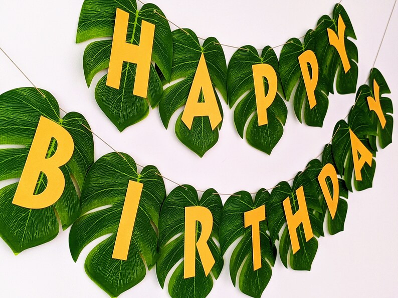 Tropical Birthday, Green Monstera Leaf Banner, Jungle, Safari, Wild One ...