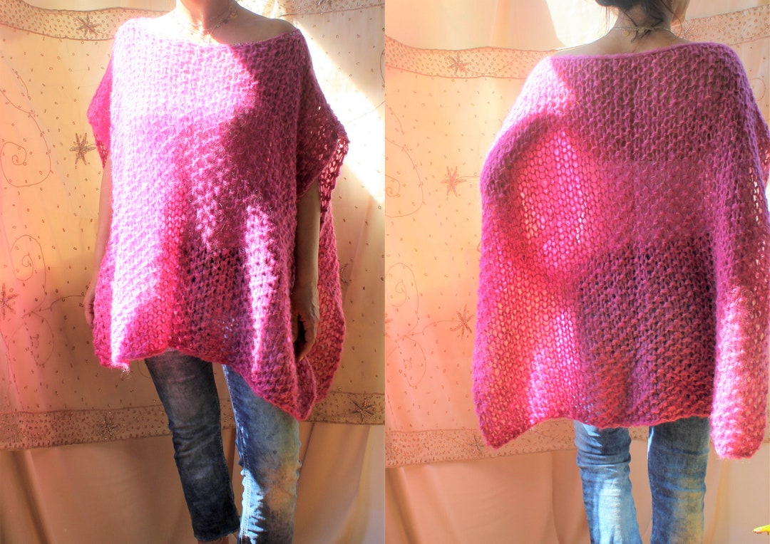 French Rose Pink Poncho-tunic With Embroidered Sequins. Hand Knit ...