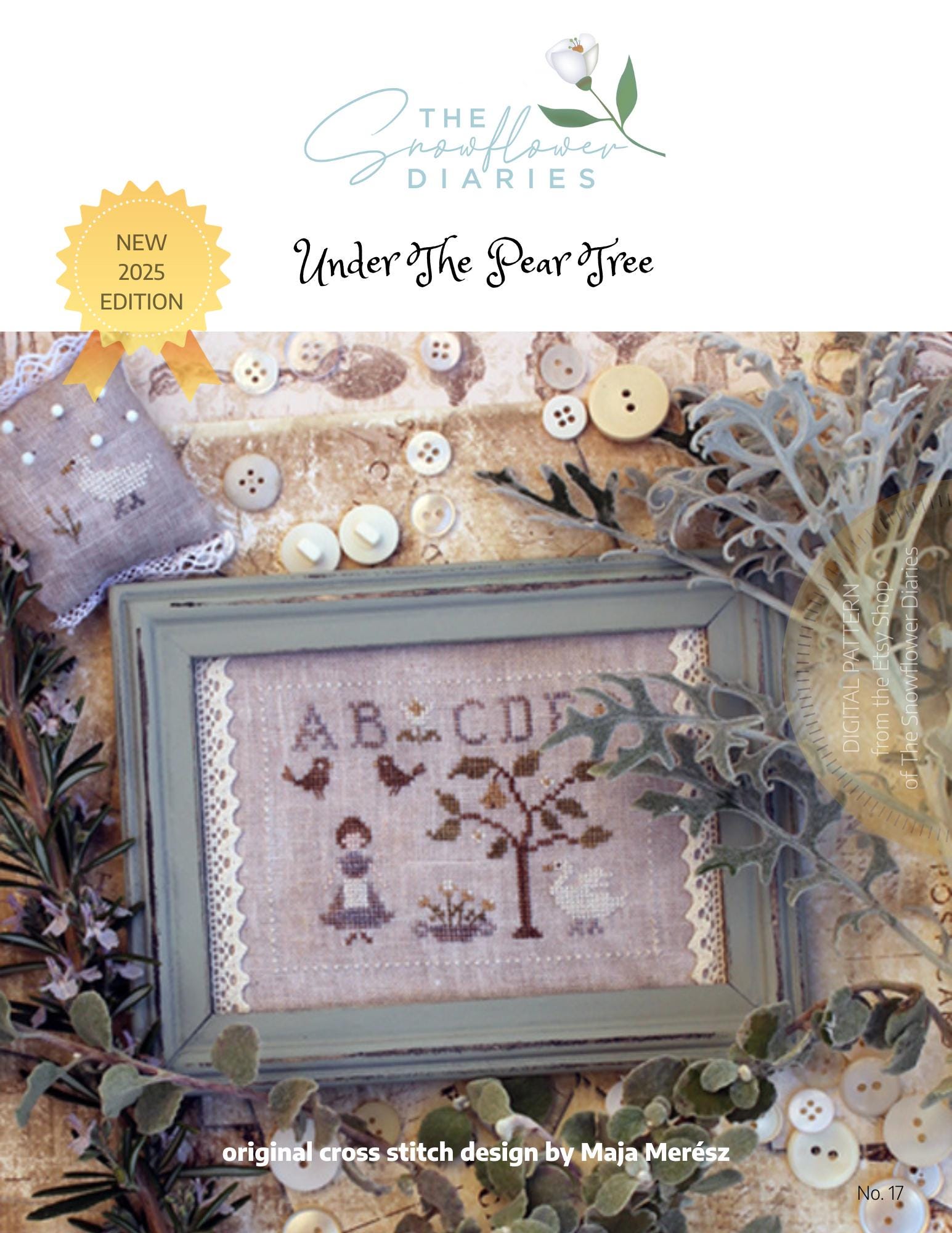 Under the Pear Tree Cross Stitch Pattern: Primitive Sampler (digital ...