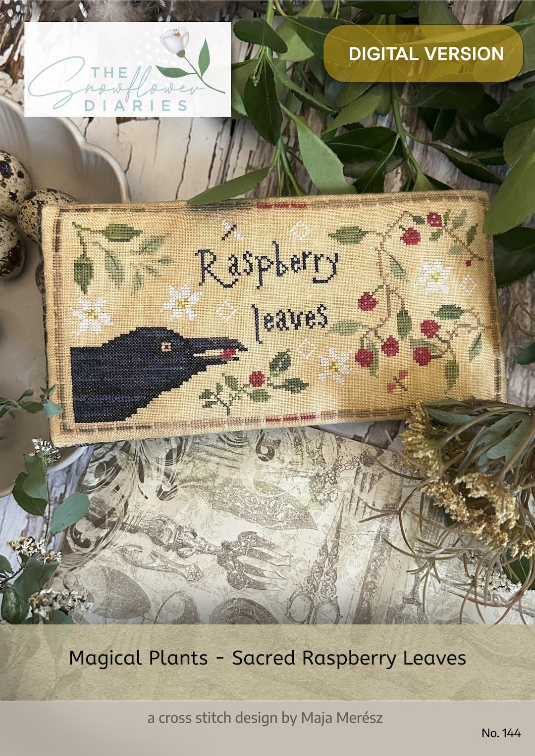 Raspberry Leaves Cross Stitch Pattern: Raven and Sacred Plants (PDF ...