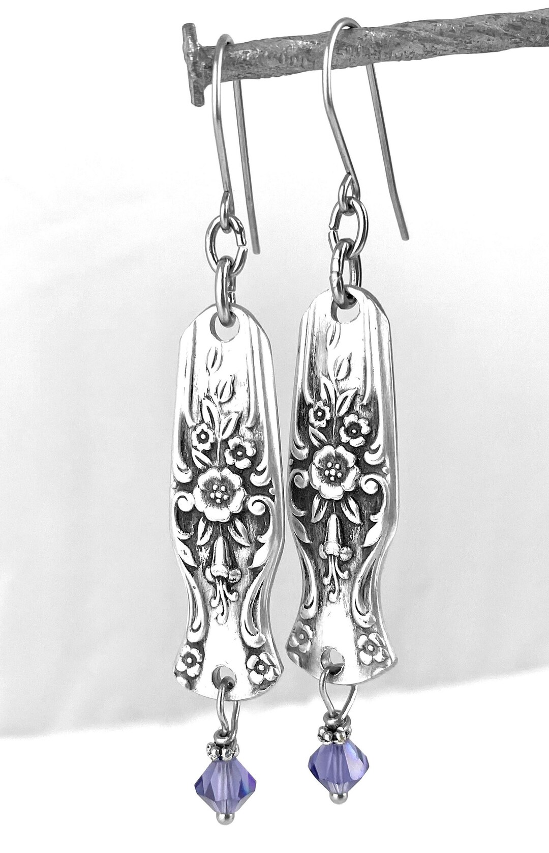 Silverware Earrings With Purple Amethyst Crystals Stainless Steel Ear ...