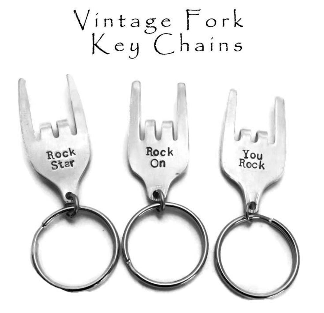 Fork Key Chain Stamped Vintage Silverware Key Fob You Rock Key Chain ...