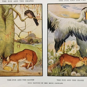 Vintage Aesops Fables Childrens Fox and Raven Heron Ants Grasshopper ...
