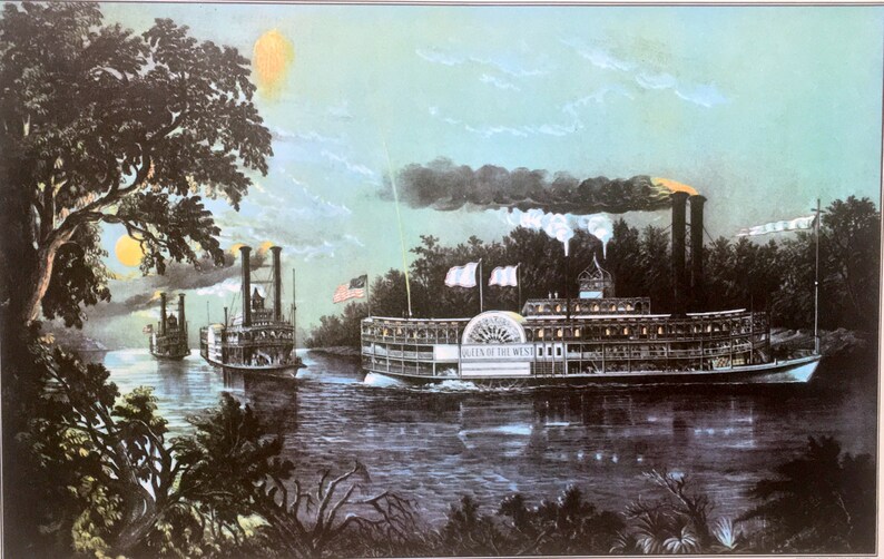 CURRIER & IVES Vintage Rounding the Bend on the Mississippi 1866 the ...