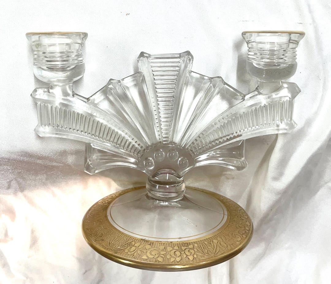 Vintage Double Candlestick Holders Etched Base Gold Gilt Trim - Etsy