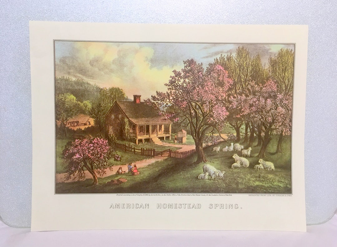 CURRIER & IVES Vintage 1952 Print Art American Homestead Spring Pink ...