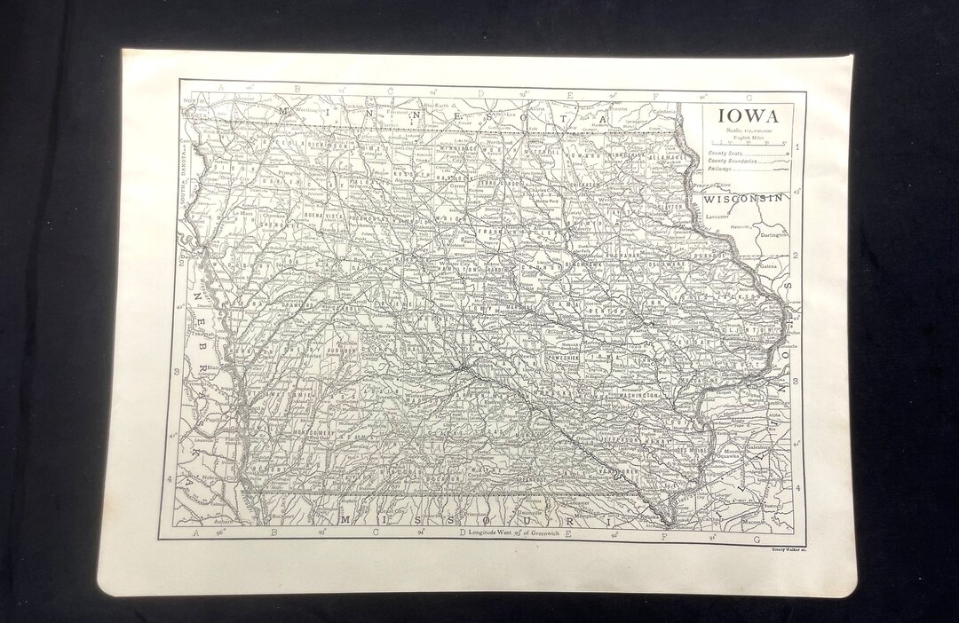 IOWA - 1911 U.S. State Map by Emery Walker Counties Railways Antique - Etsy