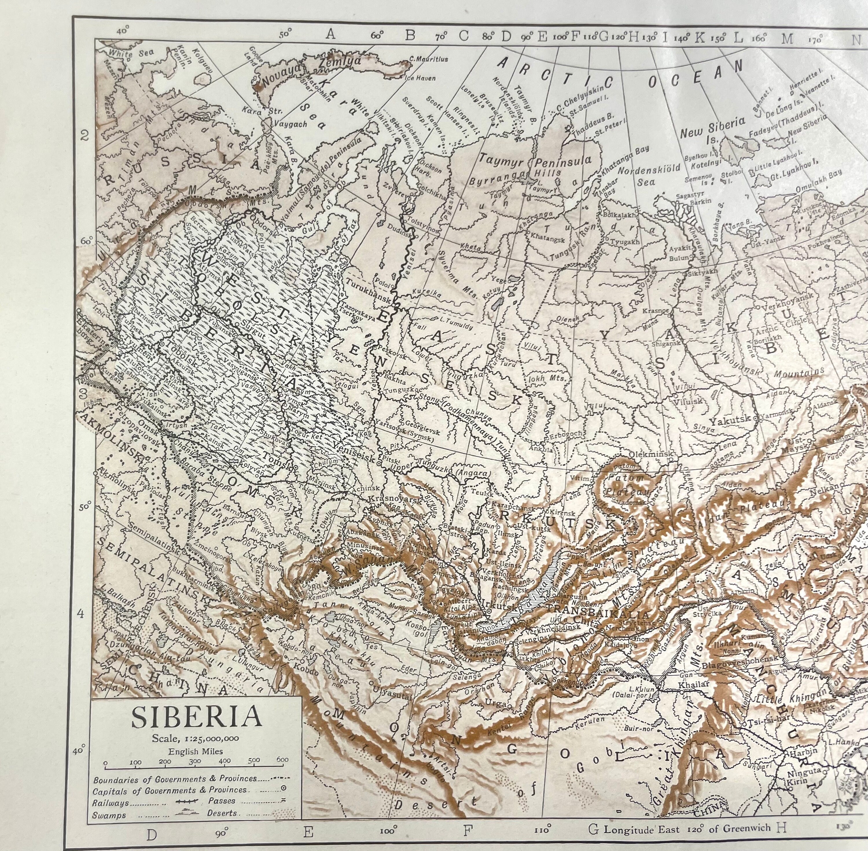 SIBERIA - 1911 Antique Colored Map by Emery Walker Provinces Railways ...