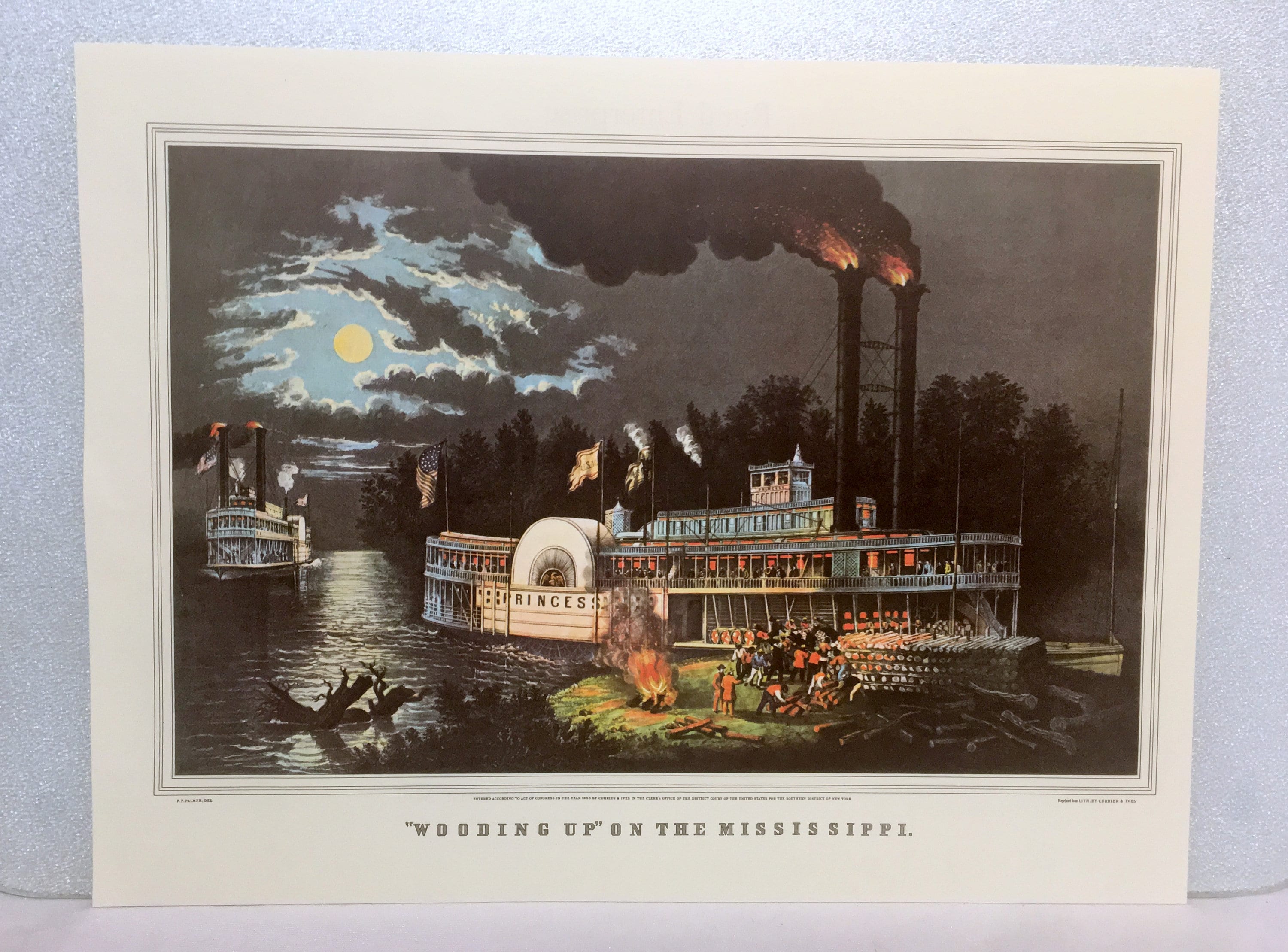 Currier & Ives Vintage Steamboat Paddlewheel Print Wooding up on the ...