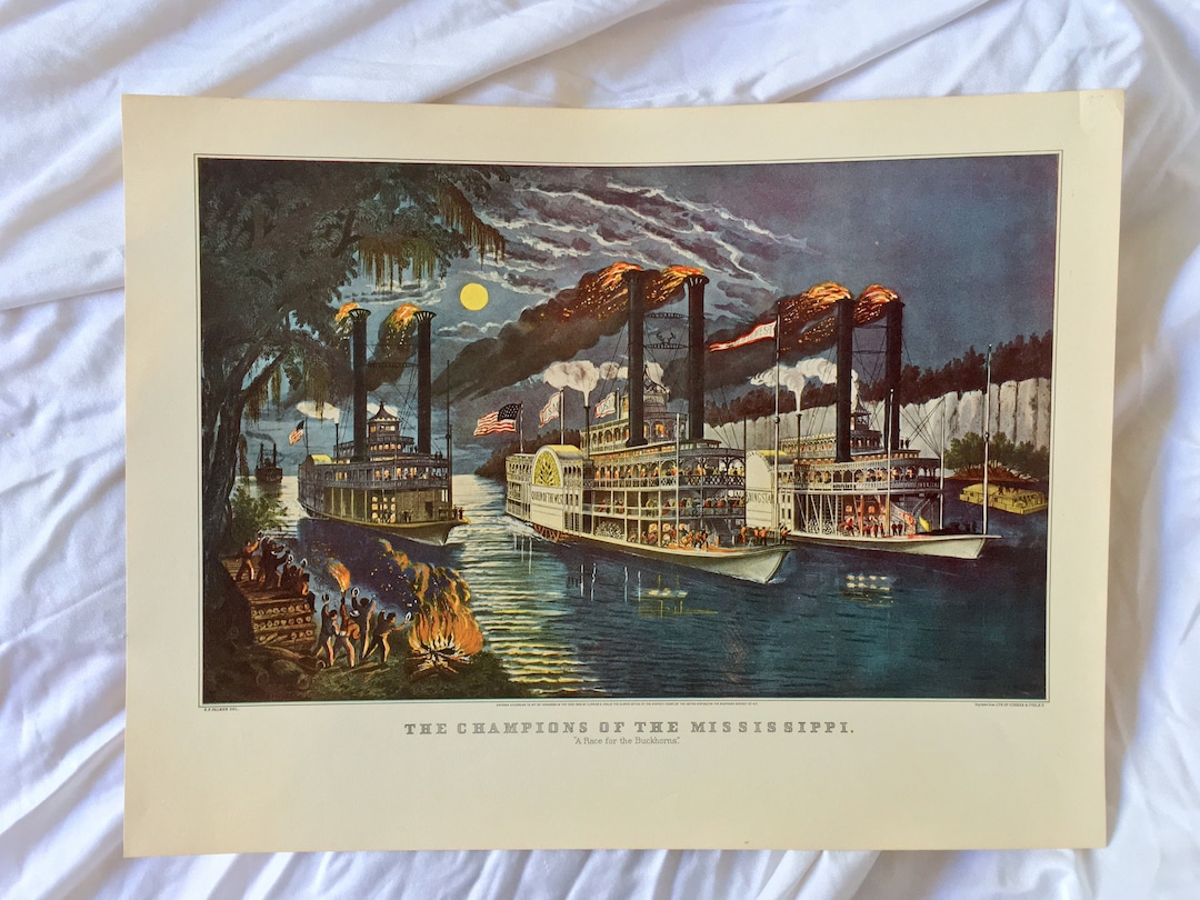 Currier & Ives Vintage Steamboat Paddlewheel Print the Champions of the ...