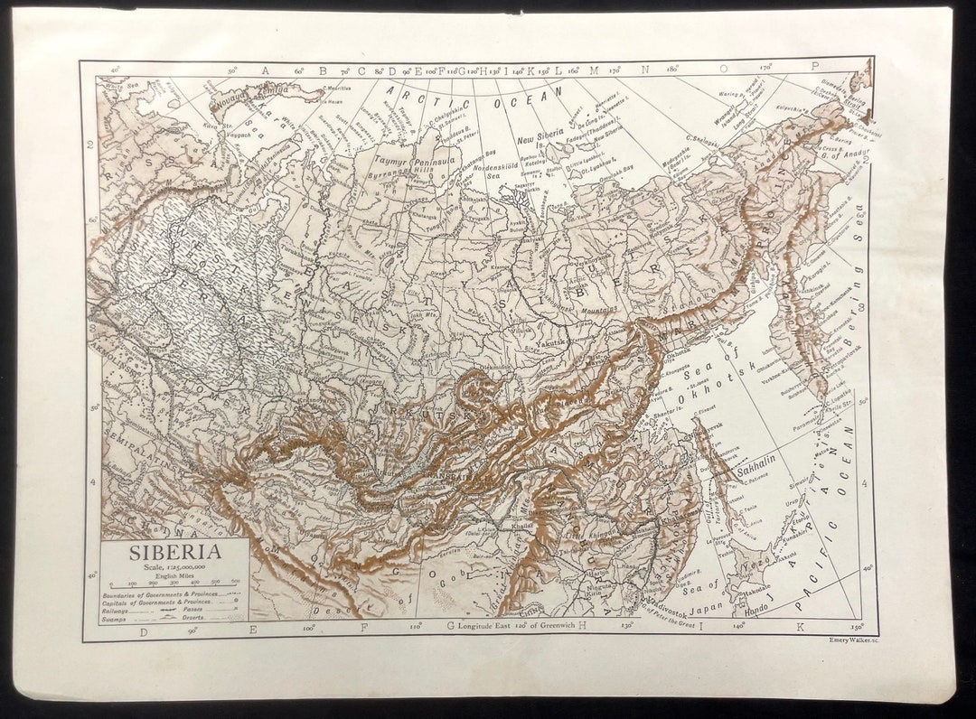 SIBERIA - 1911 Antique Colored Map by Emery Walker Provinces Railways ...