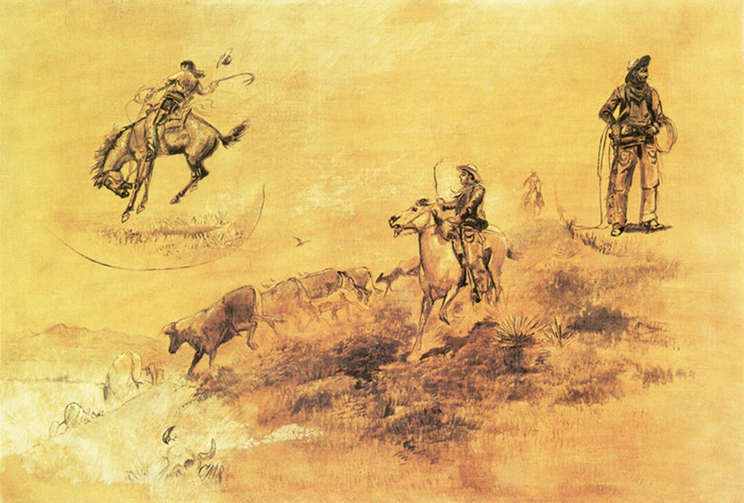 Bronco Busting Driving in Cow Puncher Charles M. Russell Charlie Cowboy ...