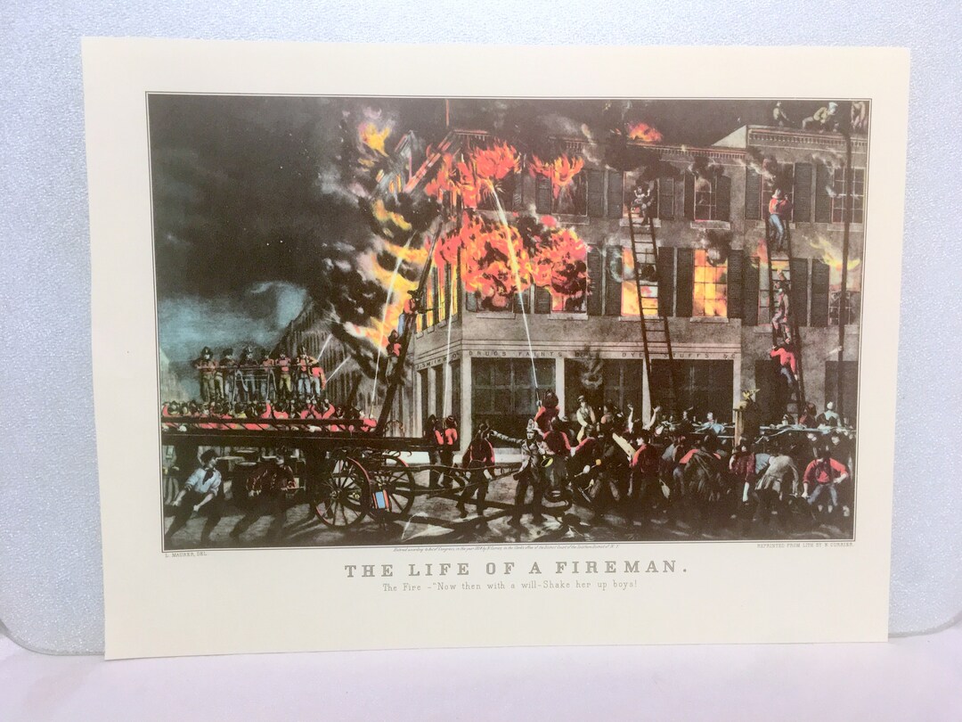 CURRIER & IVES Lithograph 1952 the Life of a Fireman FDNY Fighting ...