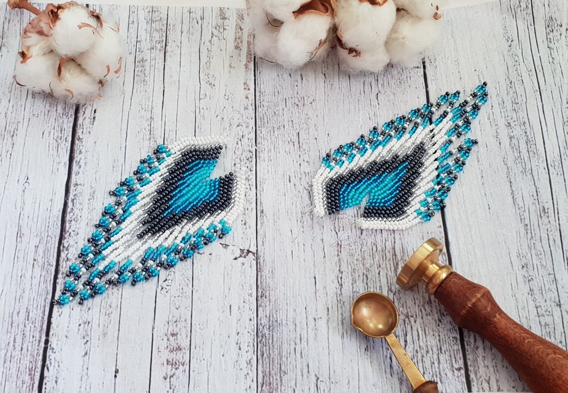Feather Shaped Earrings, Blue Jay Bird Colors. Long Sead Bead Earrings ...