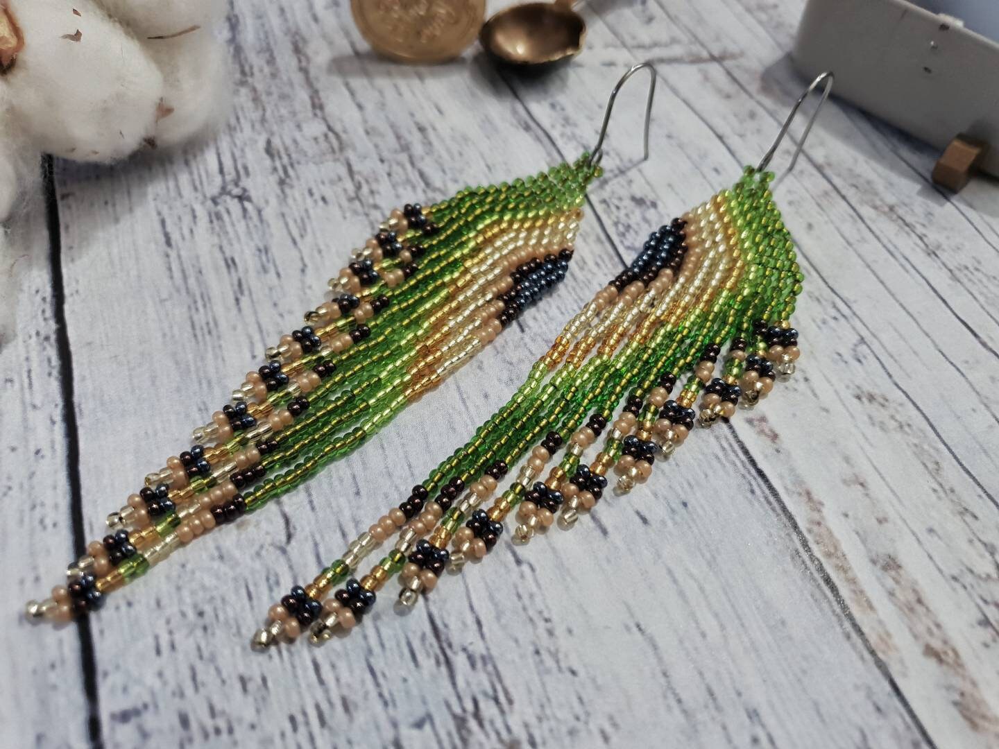 Feather Shaped Earrings, White Brown Seed Bead Earrings, Dangle ...