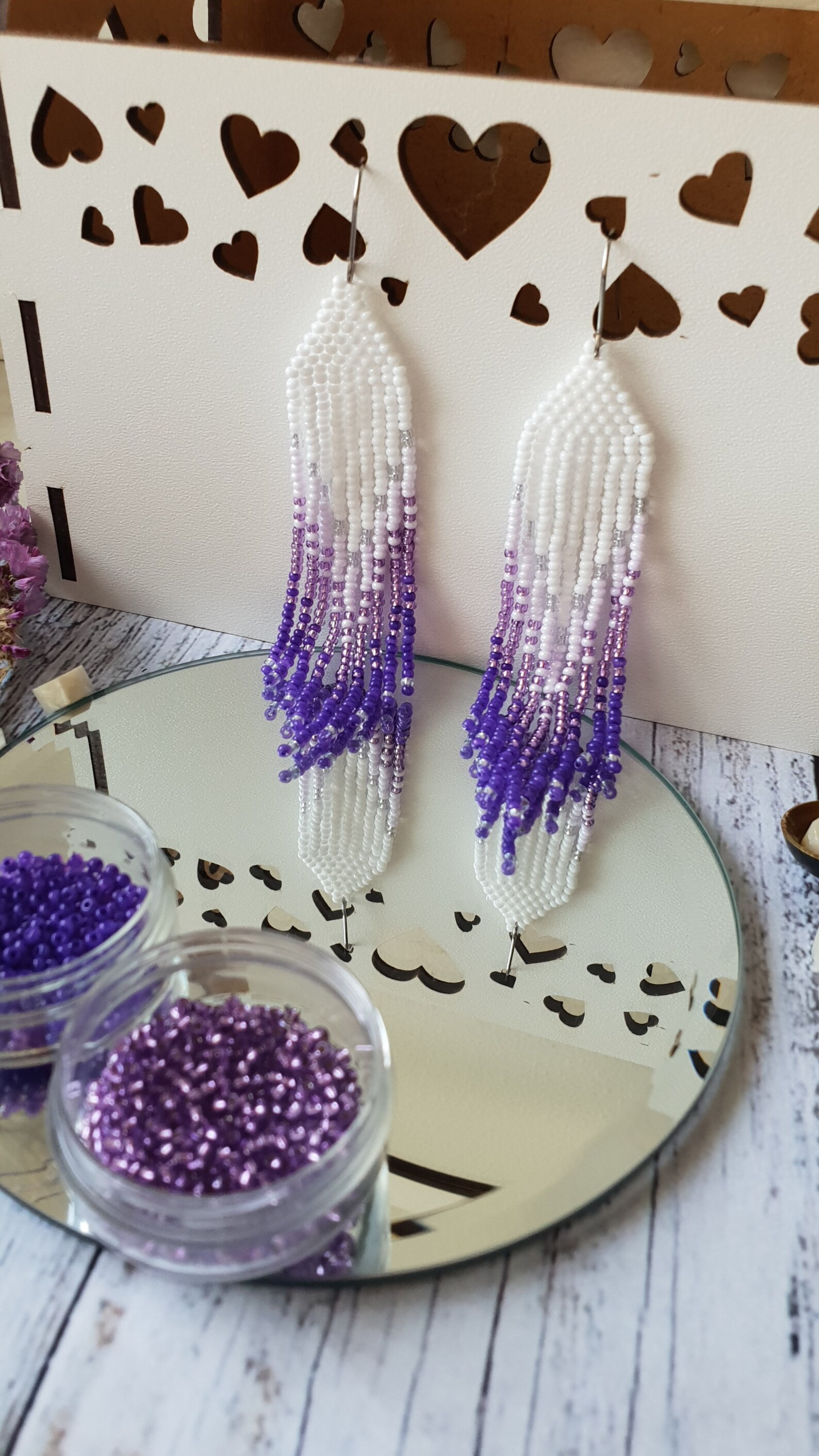 White Violet Earrings, Ombre Earrings, Long Beaded Earrings, Seed Bead ...