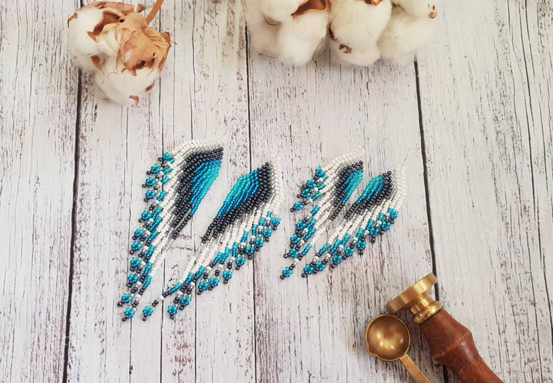 Feather Shaped Earrings, Blue Jay Bird Colors. Long Sead Bead Earrings ...