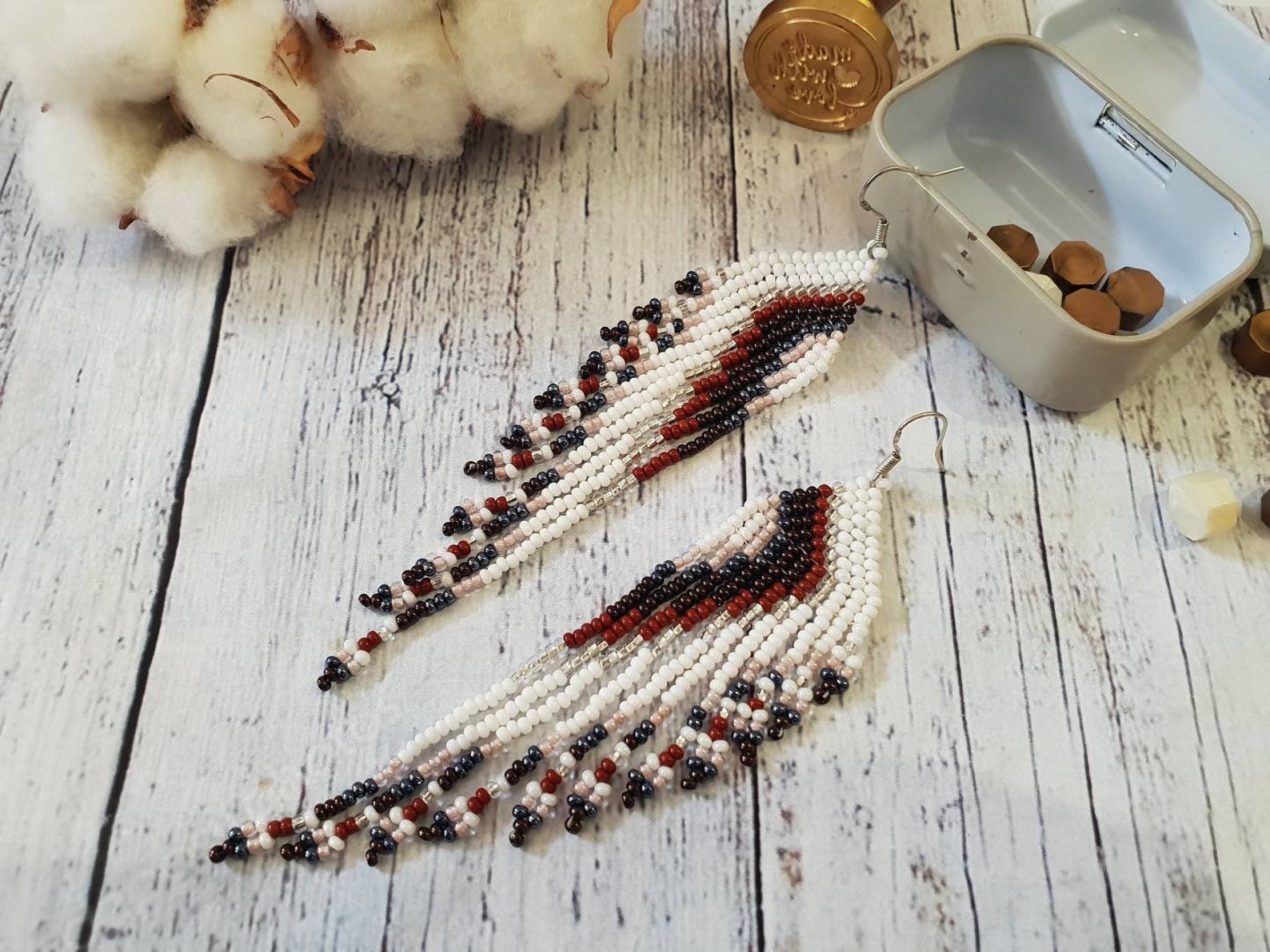 Feather Shaped Earrings, White Brown Seed Bead Earrings, Dangle ...