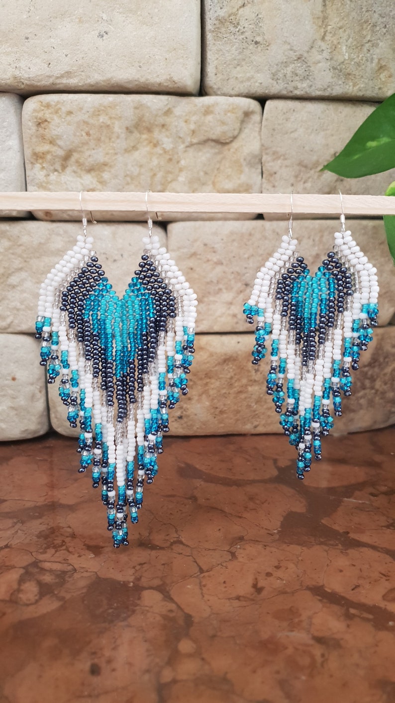 Feather Shaped Earrings, Blue Jay Bird Colors. Long Sead Bead Earrings ...