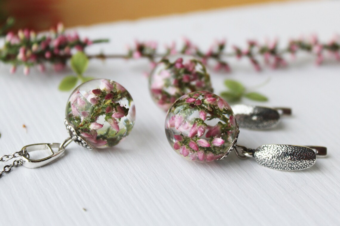 Christmas gift Heather jewelry set Real Flower jewelry Heather | Etsy