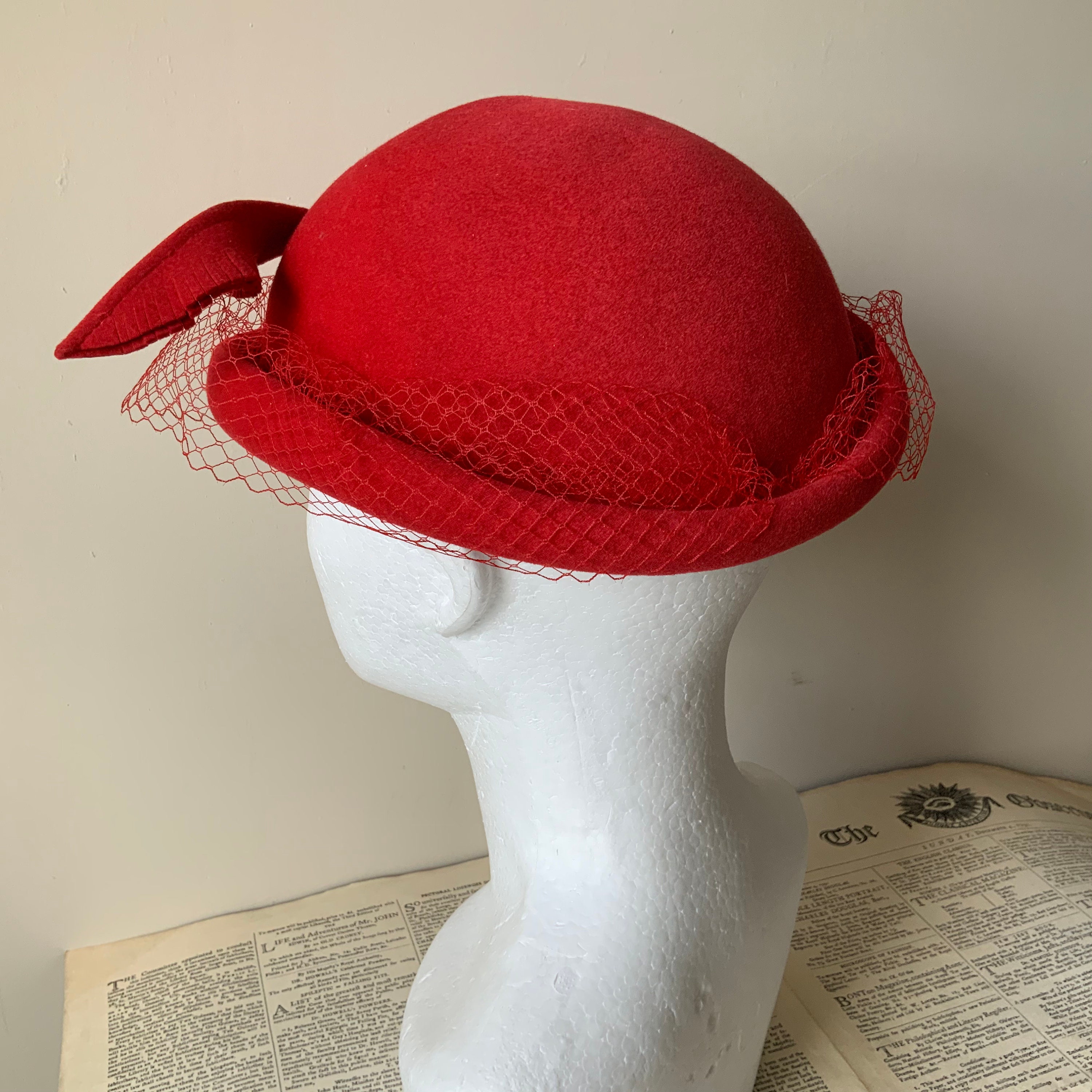 Vintage red felt hat with net and felt trim Kangol England. | Etsy