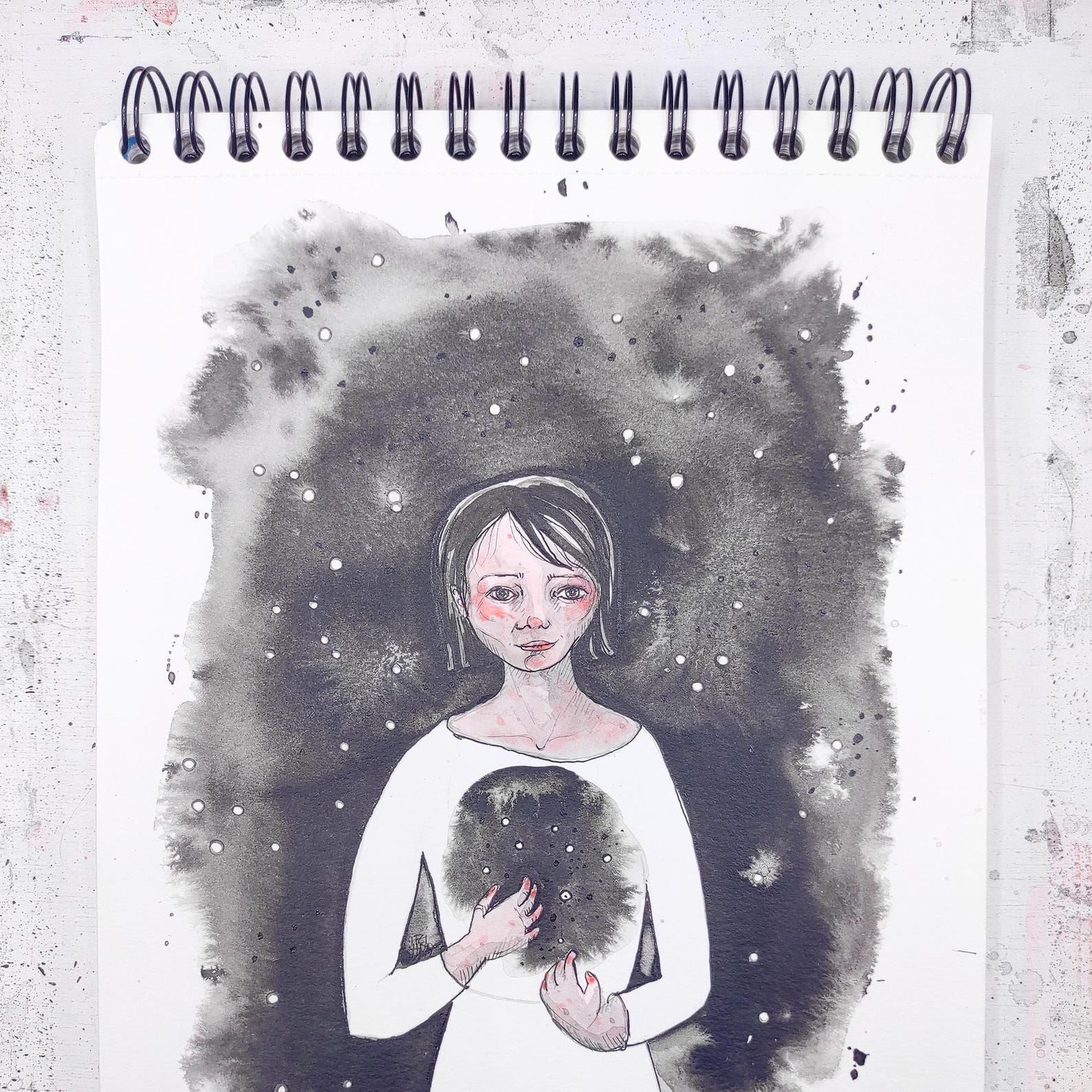 Starry Heart Girl – Ink Illustration, Cosmic Introspection, Celestial ...