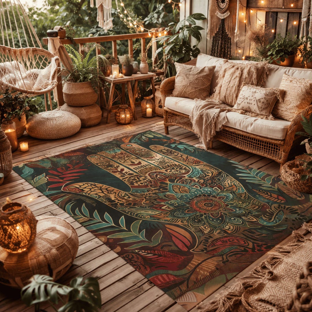 Boho Patio Rug With Hamsa Hand Design, Outdoor Waterproof Rug, Tribal ...