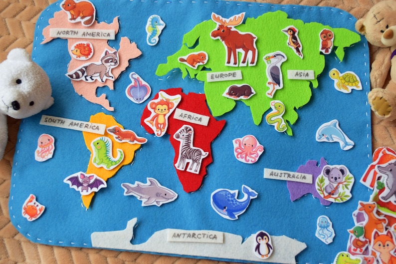 Felt World Map With 48 Animals Play Mat Set Continents Educational ...
