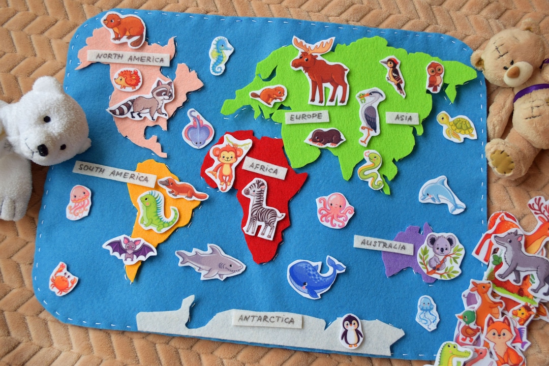 Felt World Map With 48 Animals Play Mat Set Continents Educational ...