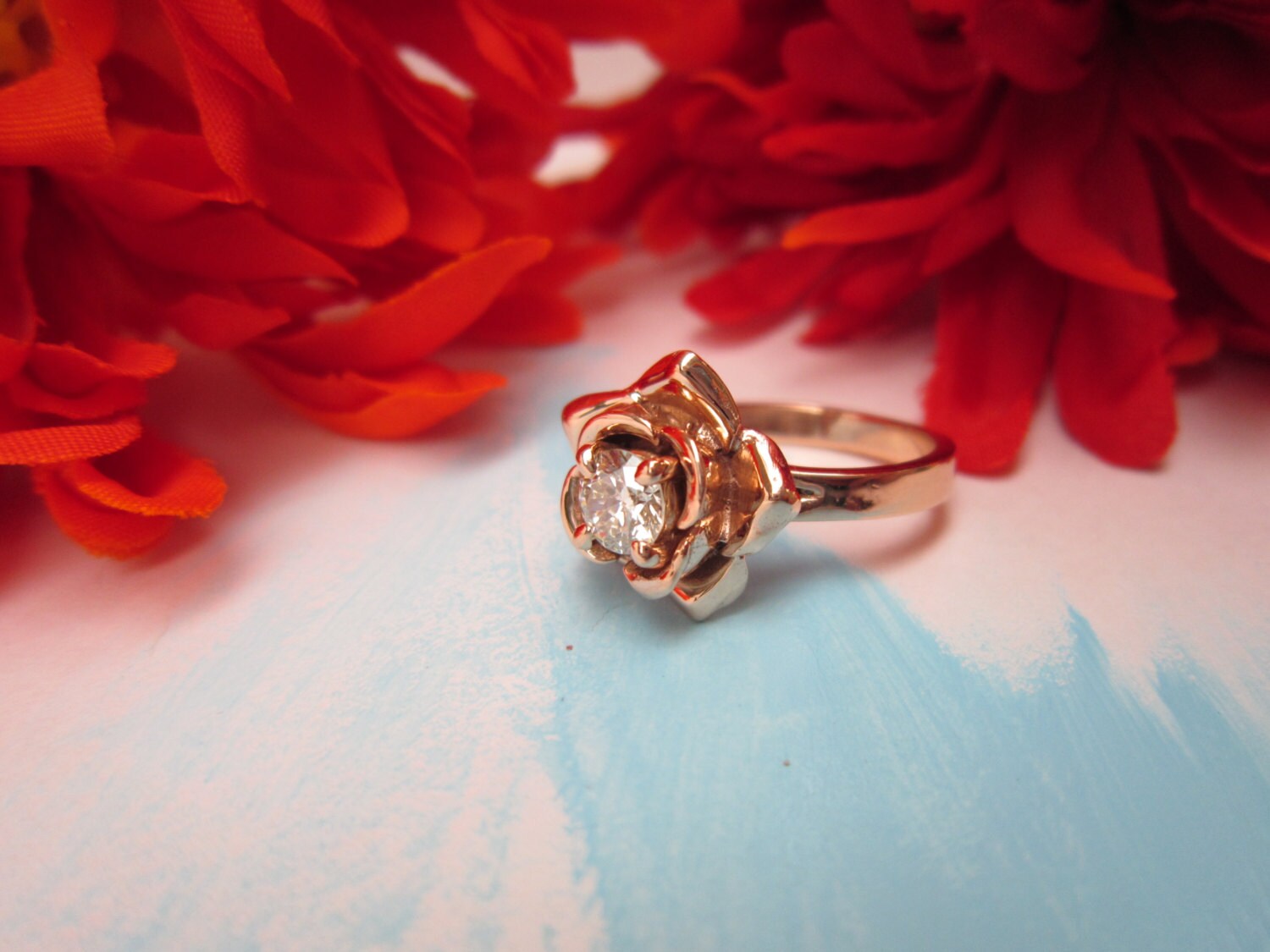 Rose Shaped Gold Diamond Ring - Etsy