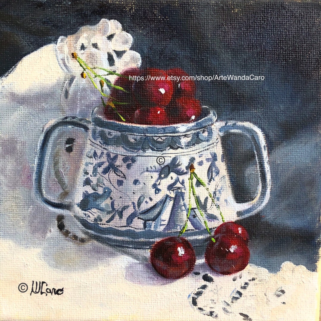 Cherries Still Life Oil Painting: Portuguese Sugar Bowl, Battenberg ...