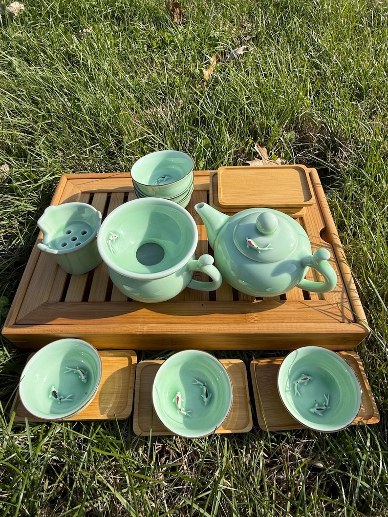 Double Koi Fish Tea Set With Medium Bamboo Tea Tray - Etsy