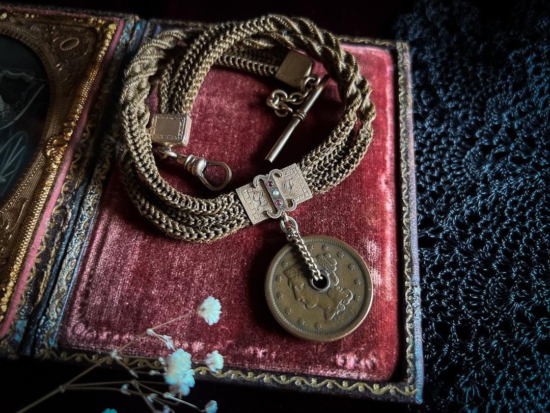 Victorian Hair Work Pocket Watch Chain W/1856 Penny, Triple Strand ...
