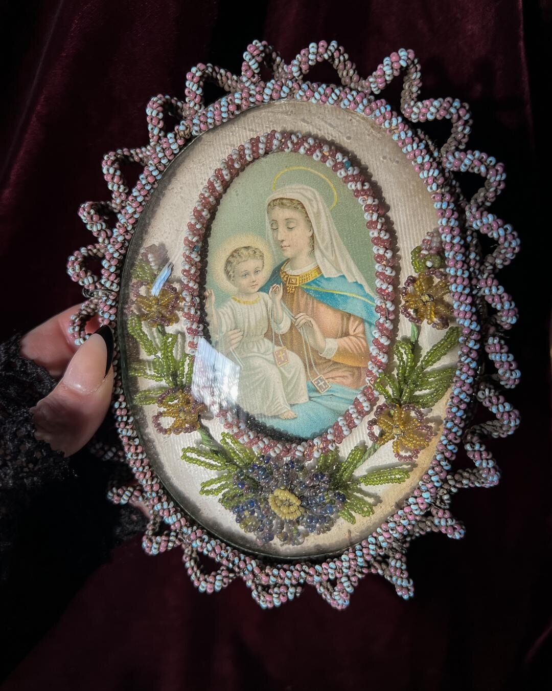 Antique Bohemian (czech) Beaded Madonna & Child Icon, Convex Glass ...